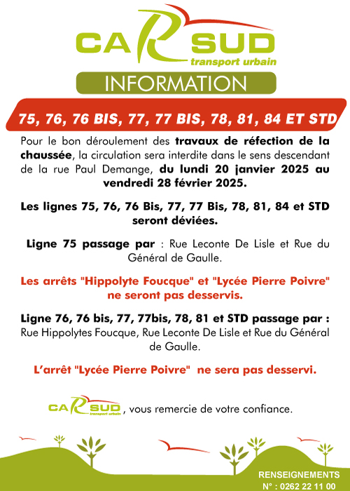 Infos trafic - Carsud - Perturbation lignes 75, 76, 76 Bis, 77, 77 Bis ...
